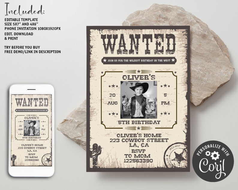 Editable Boy Cowboy Birthday Invitation Printable, Rodeo Birthday ...