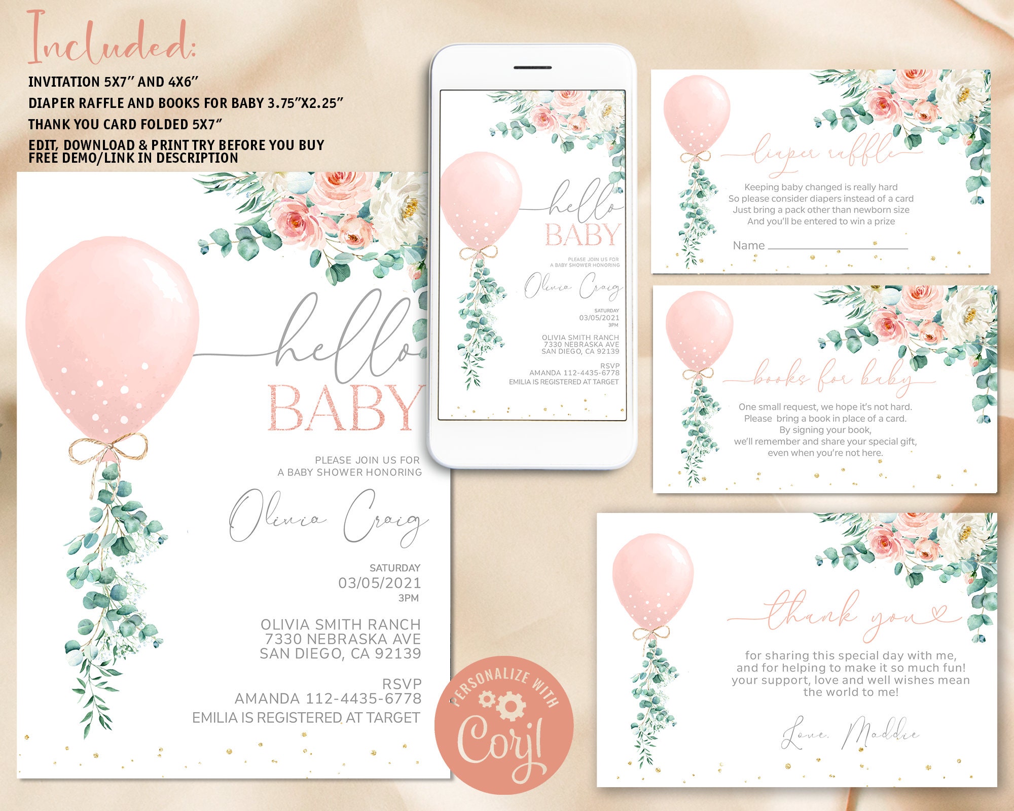 Editable Hello Baby Pink Balloon Baby Shower Bundle, Floral Baby Shower ...