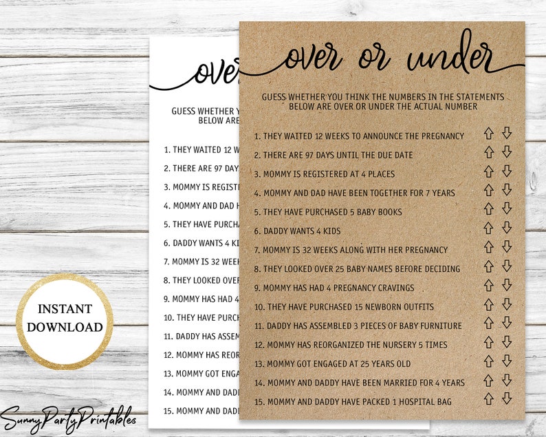 Over or Under Baby Shower Game Printable, Baby Shower Game Quiz, Rustic ...