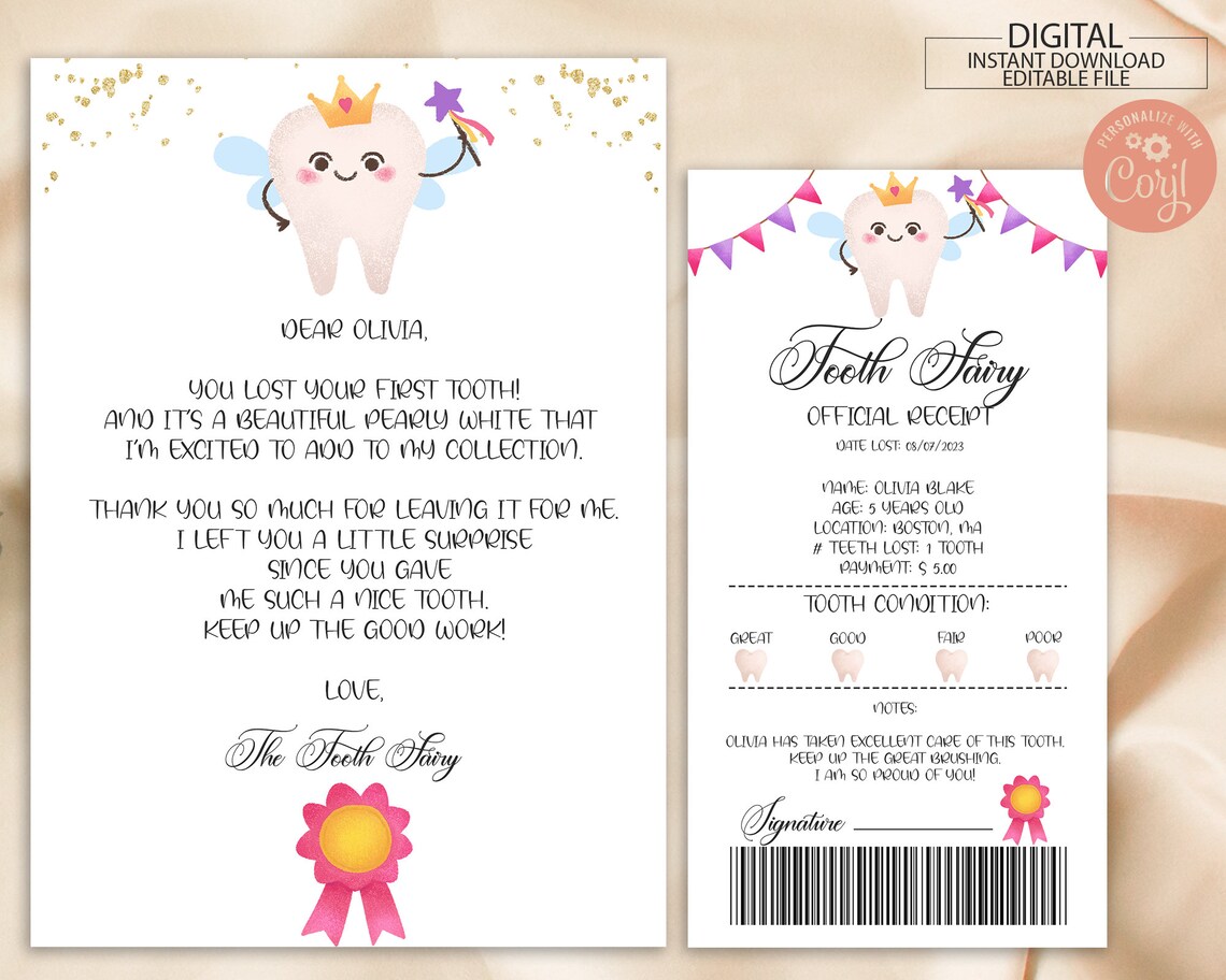 Editable Tooth Fairy Receipt Printable Certificate, Tooth Fairy Letter ...