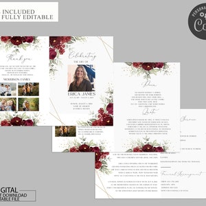 Funeral Program Template, Red Roses and Gold Memorial Program, Red ...