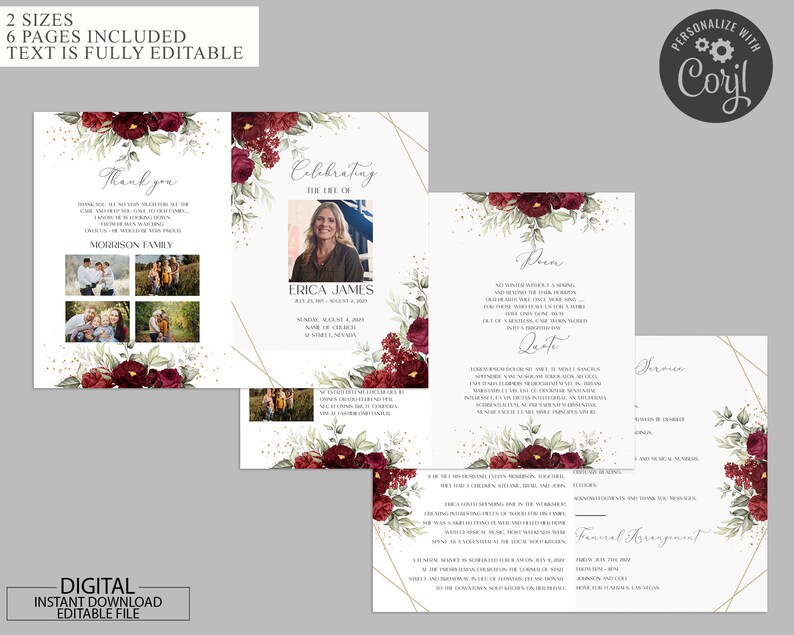 Funeral Program Template, Red Roses and Gold Memorial Program, Red ...