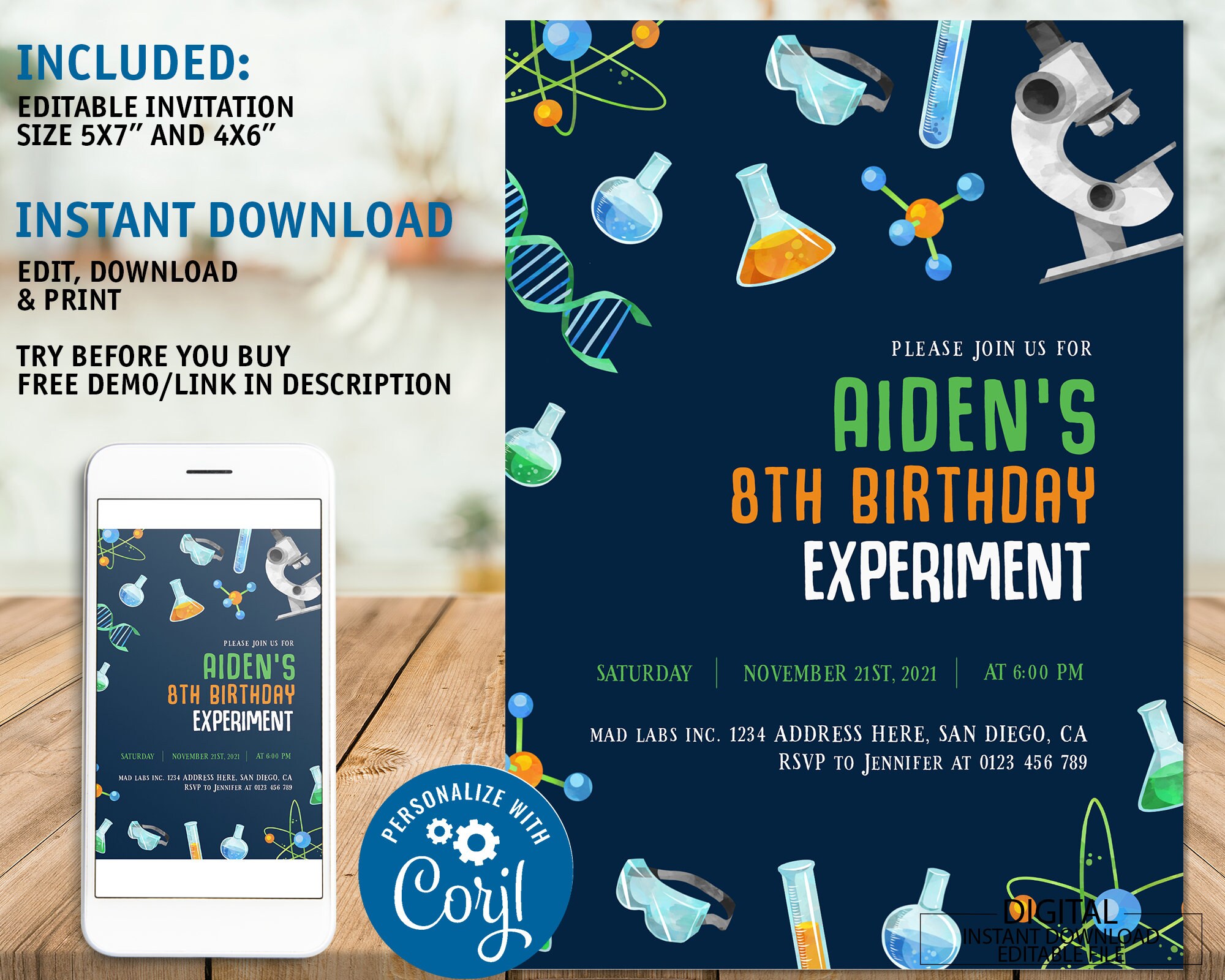 Editable Science Birthday Invite Boy Experiment Birthday Party ...