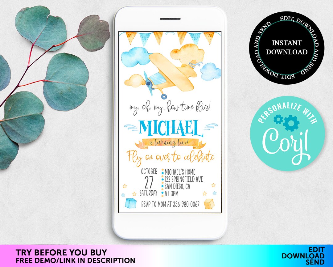 Digital Aviator Birthday Party Invite Airplane Birthday Party Editable ...