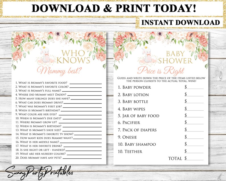 Floral Baby Shower Games Bundle, Girl Pink Floral Baby Shower Games ...