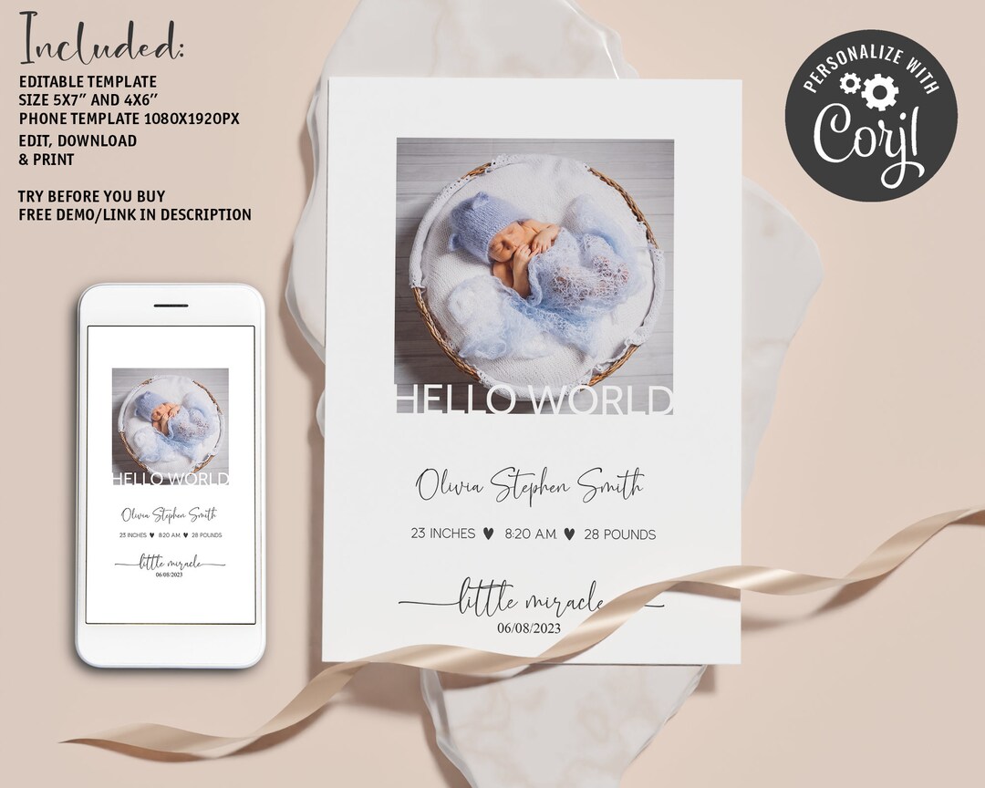 Editable Birth Announcement Template, Minimalist Newborn Birth ...