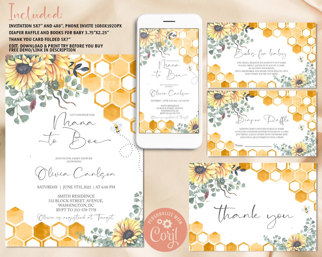 Editable Mommy to Bee Baby Shower Bundle, Sunflower Baby Shower Set ...