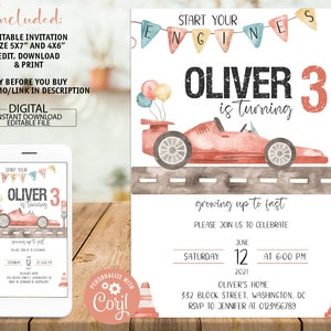 Editable Red Car Race Birthday Invitation Printable, 3rd Birthday ...