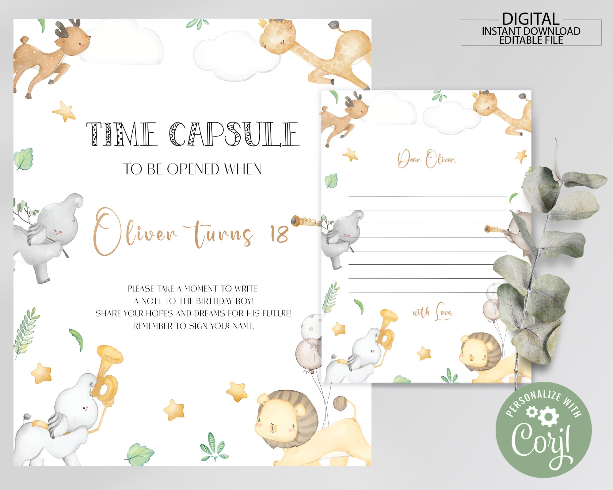 Editable Wild One Time Capsule Printable, Jungle Animals Time Capsule ...