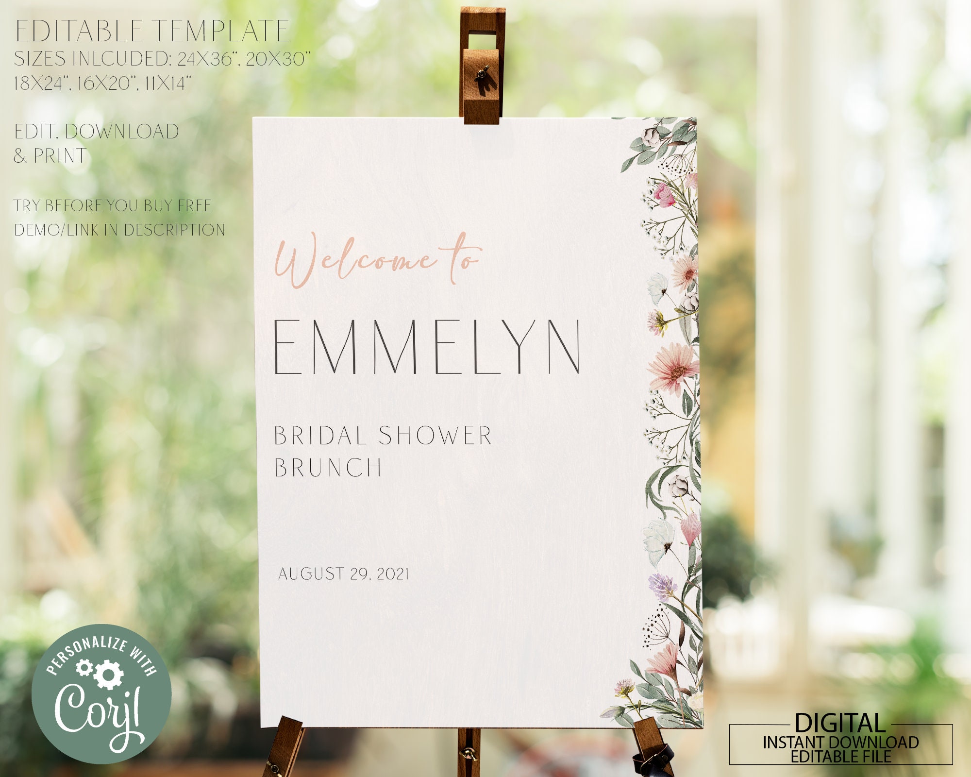 Editable Wildflower Welcome Sign Bridal Shower Brunch Printable Elegant ...