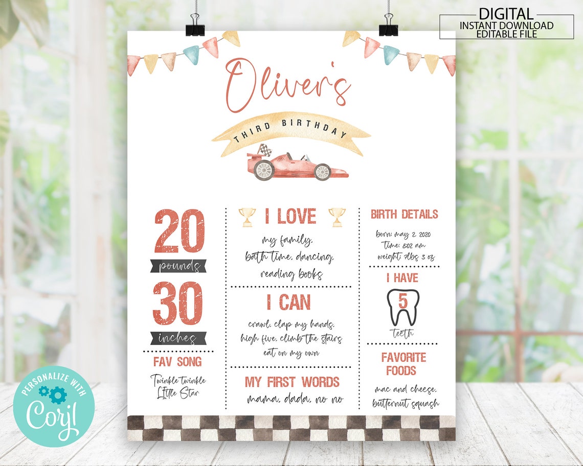 Editable Race Car Birthday Milestone Sign Printable, Red Car Birthday ...