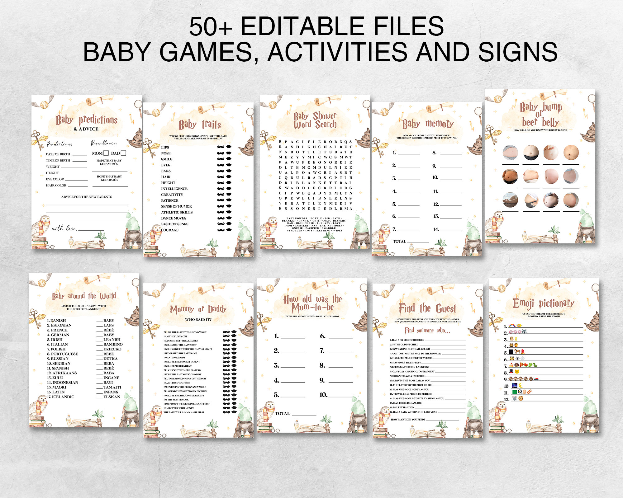 Editable Wizard Baby Shower Games Bundle Magician Baby Shower Game ...