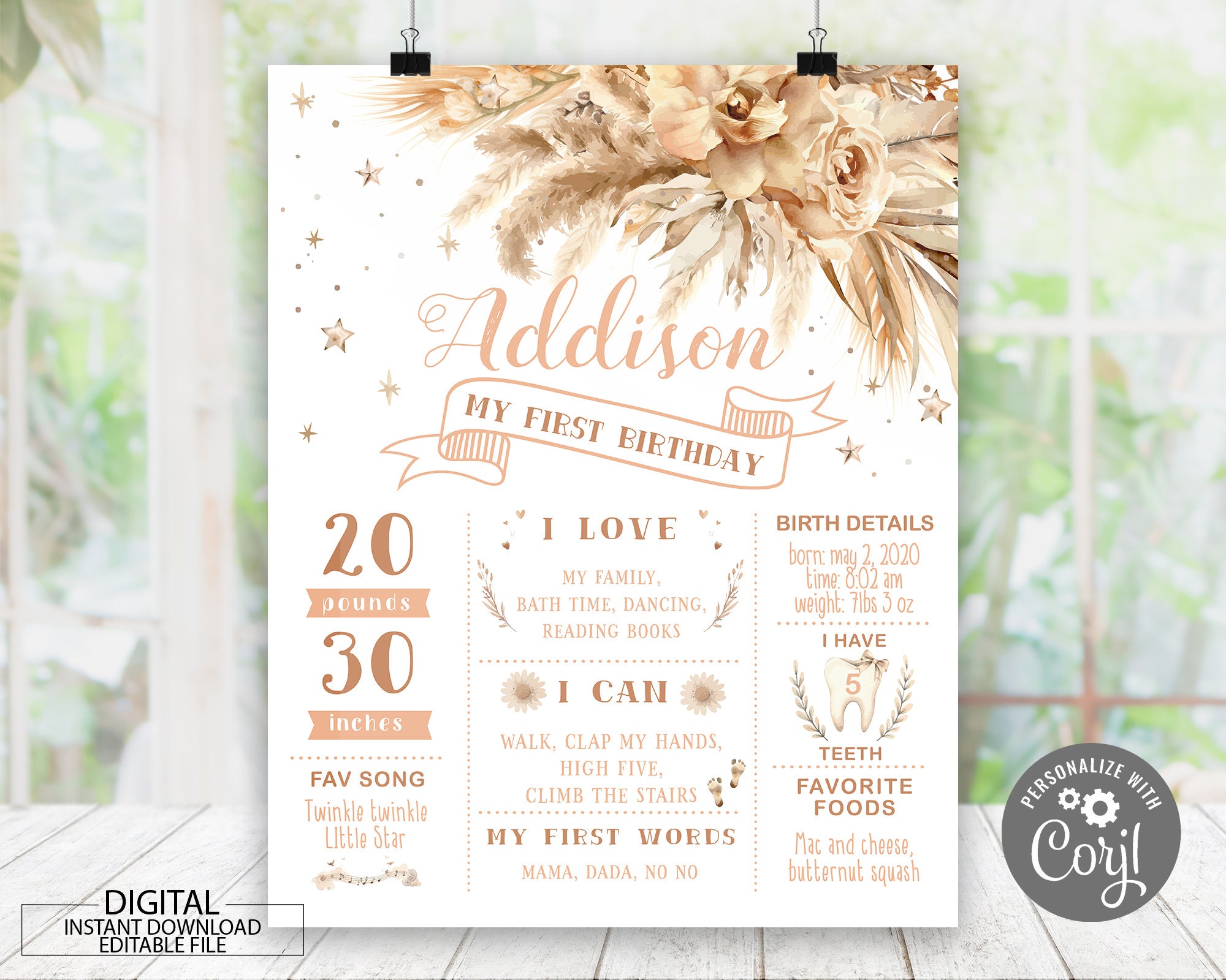 Editable Boho Milestone Poster Printable, Pampas Grass First Birthday ...