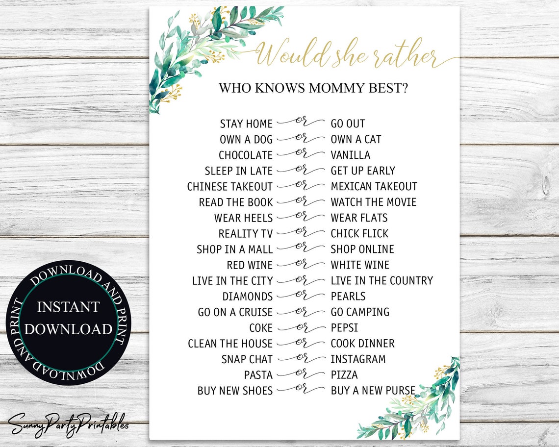 Would She Rather Baby Shower Game Printable, Who Knows Mommy Best ...