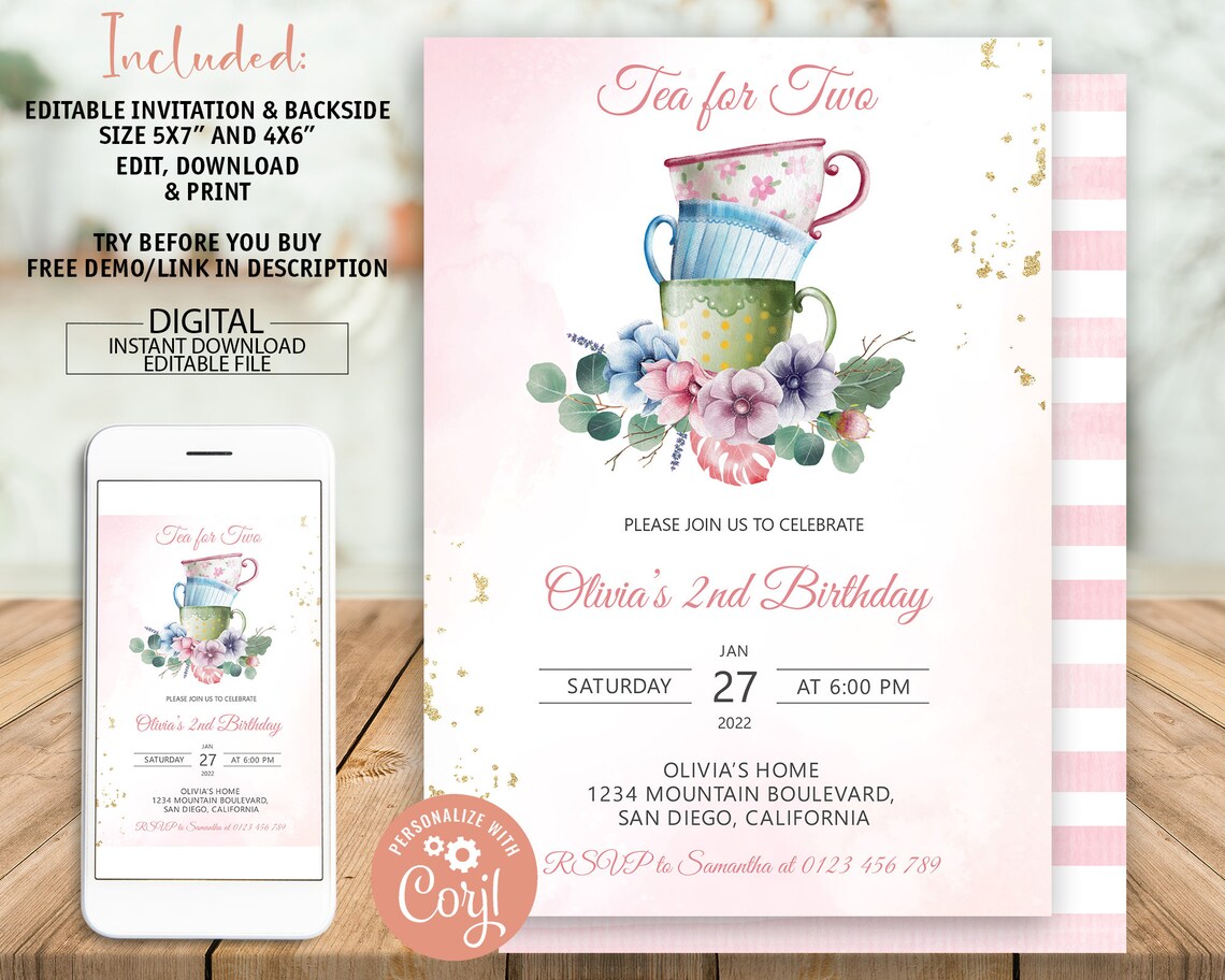 Editable Tea Party Birthday Invitation, Instant Download, Tea Party ...
