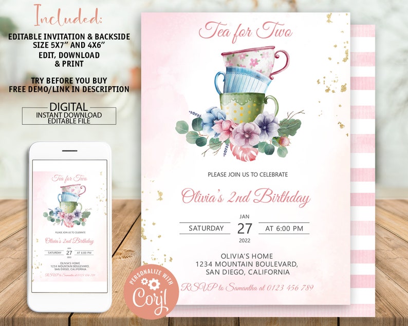 Editable Tea Party Birthday Invitation Instant Download Tea - Etsy