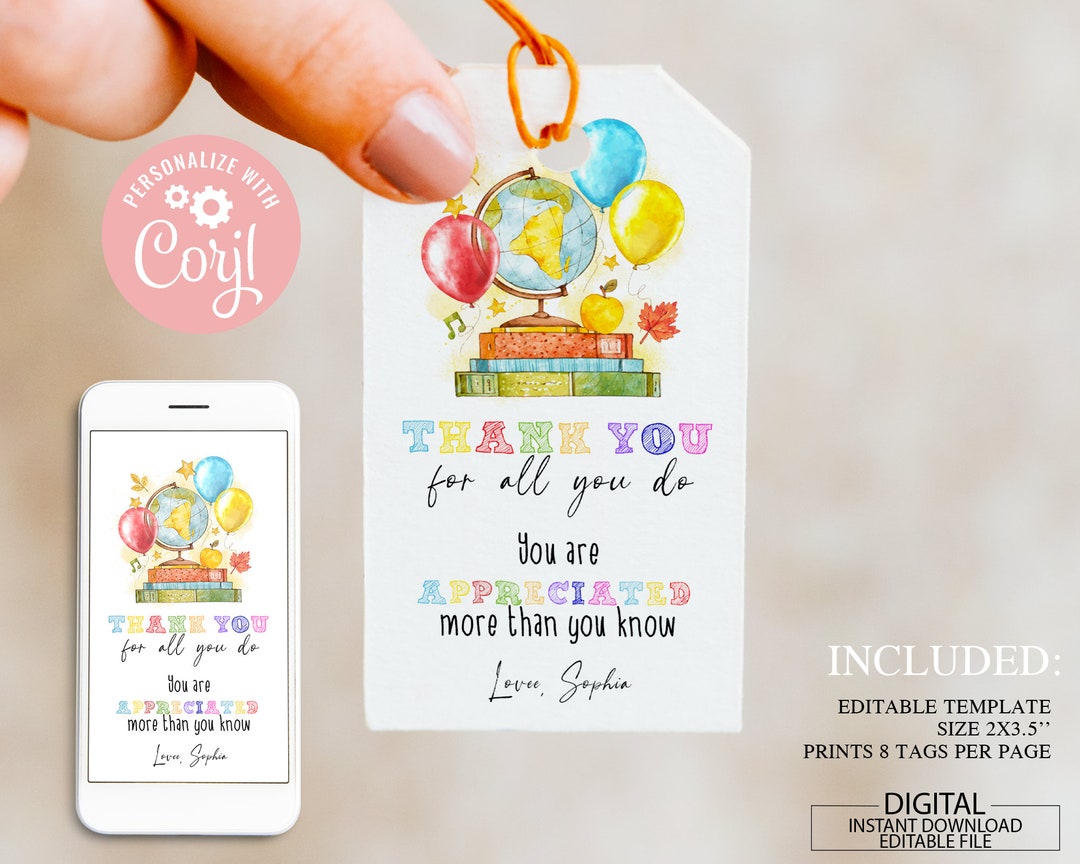 Editable Teacher Appreciation Tag, Printable End of School Gift Tag ...