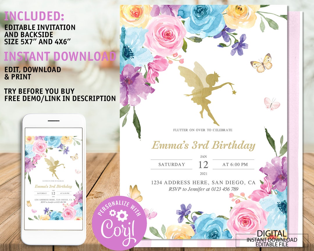 Editable Fairy Birthday Invitation Digital Party Invite Floral Fairy ...