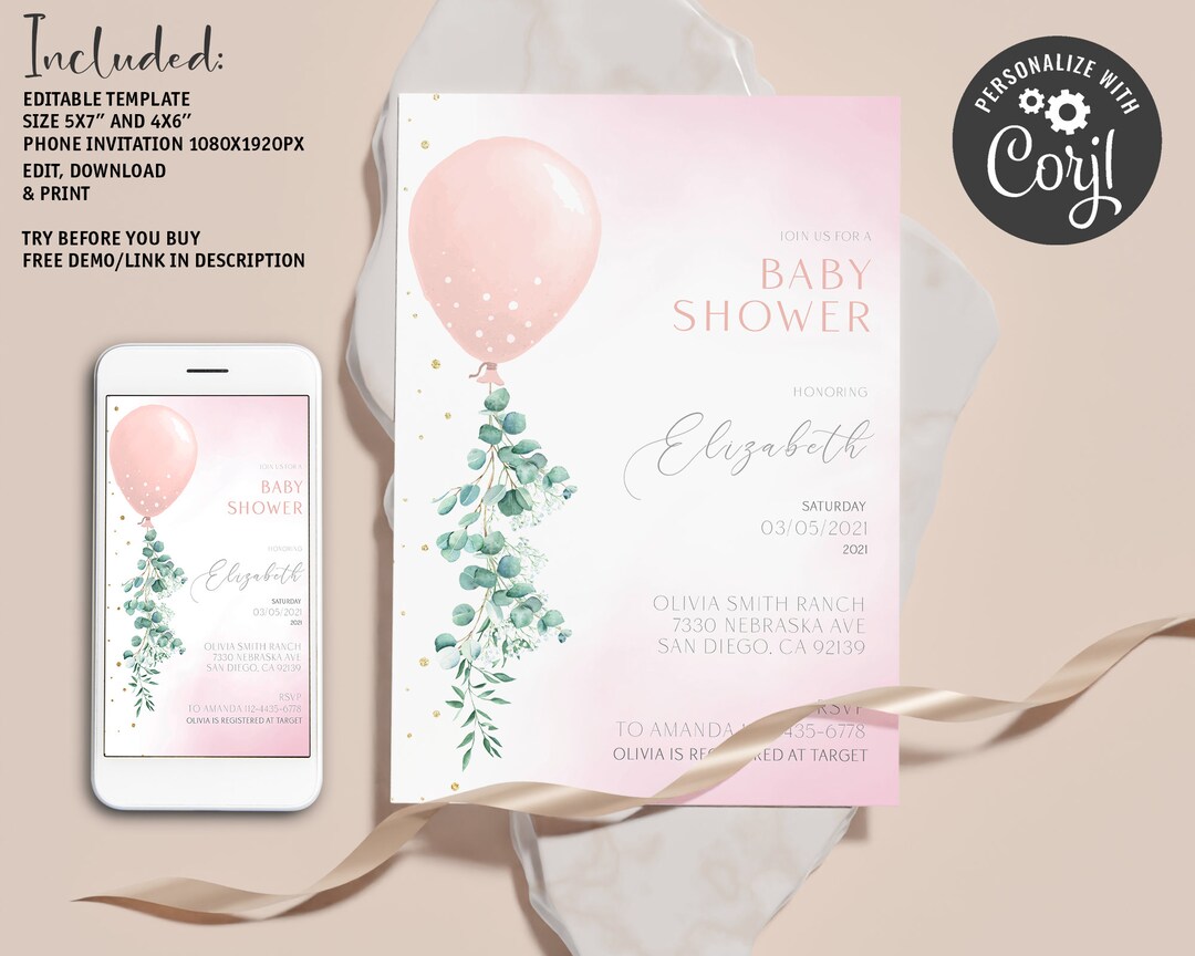 Editable Hello Baby Pink Balloon Invite, Greenery Baby Shower ...