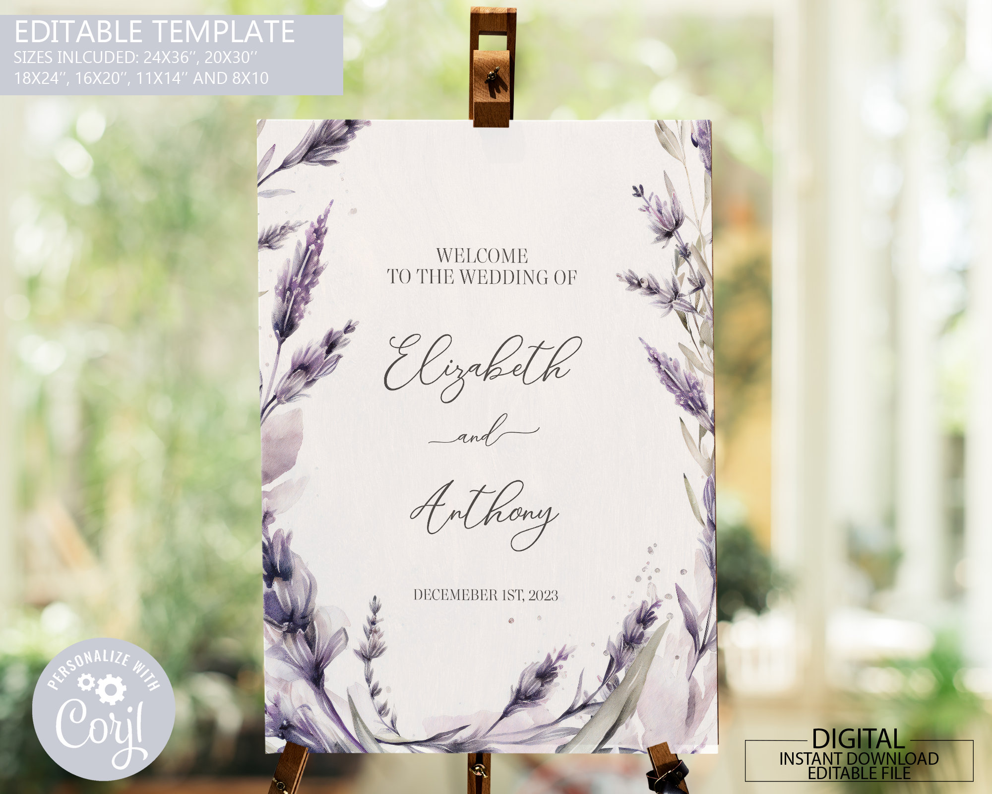 Editable Lavender Wedding Welcome Sign, Greenery Bridal Shower Party ...