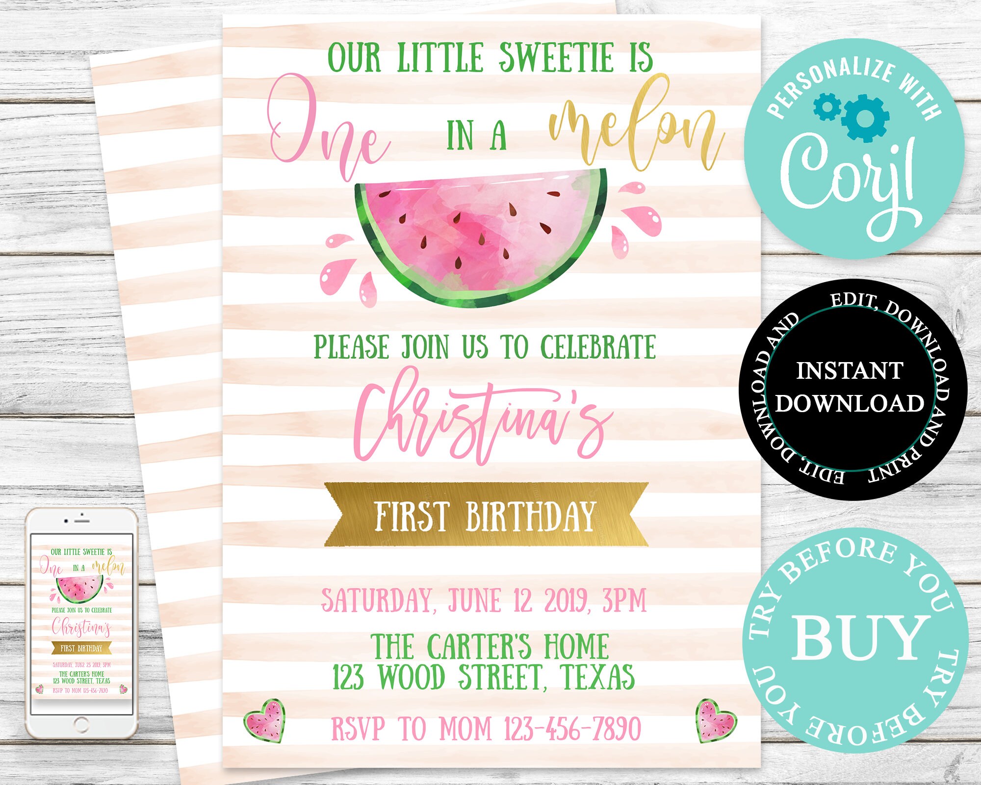 One in A Melon Invitation, Watermelon Birthday, Editable Watermelon ...