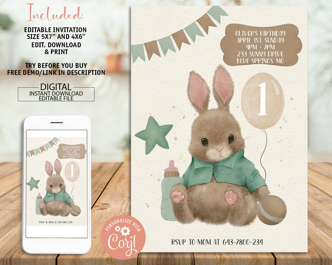 Editable Bunny Birthday Invitation Instant Download Rabbit - Etsy