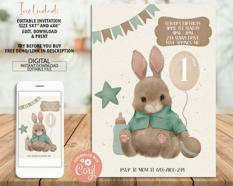 Editable Bunny Birthday Invitation Instant Download Rabbit - Etsy
