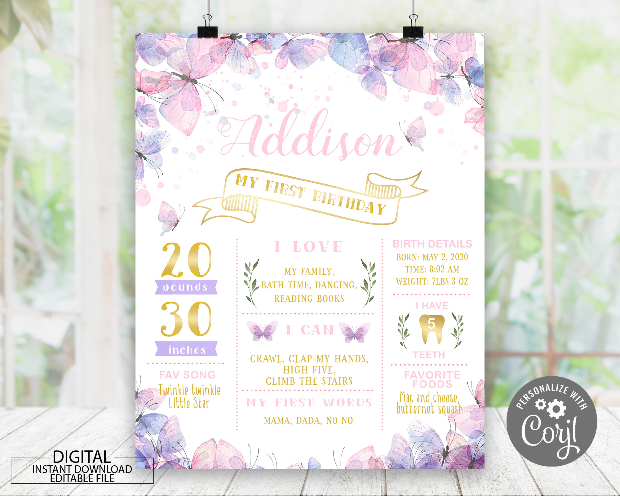 Editable Butterfly Birthday Poster, Birthday Board Girl, Butterfly ...