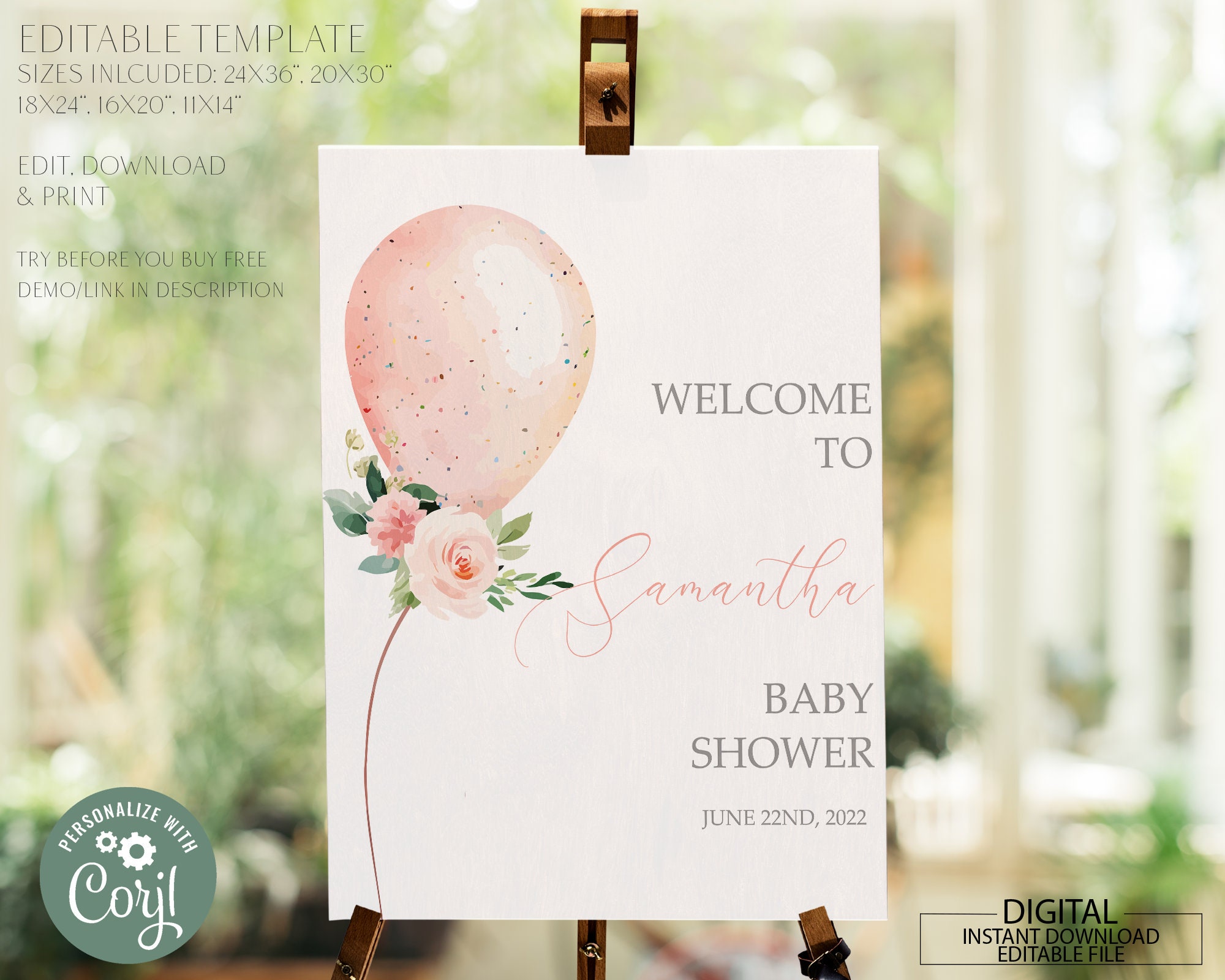 Editable Pink Balloon Welcome Sign, Baby Shower Party Printable Sign ...