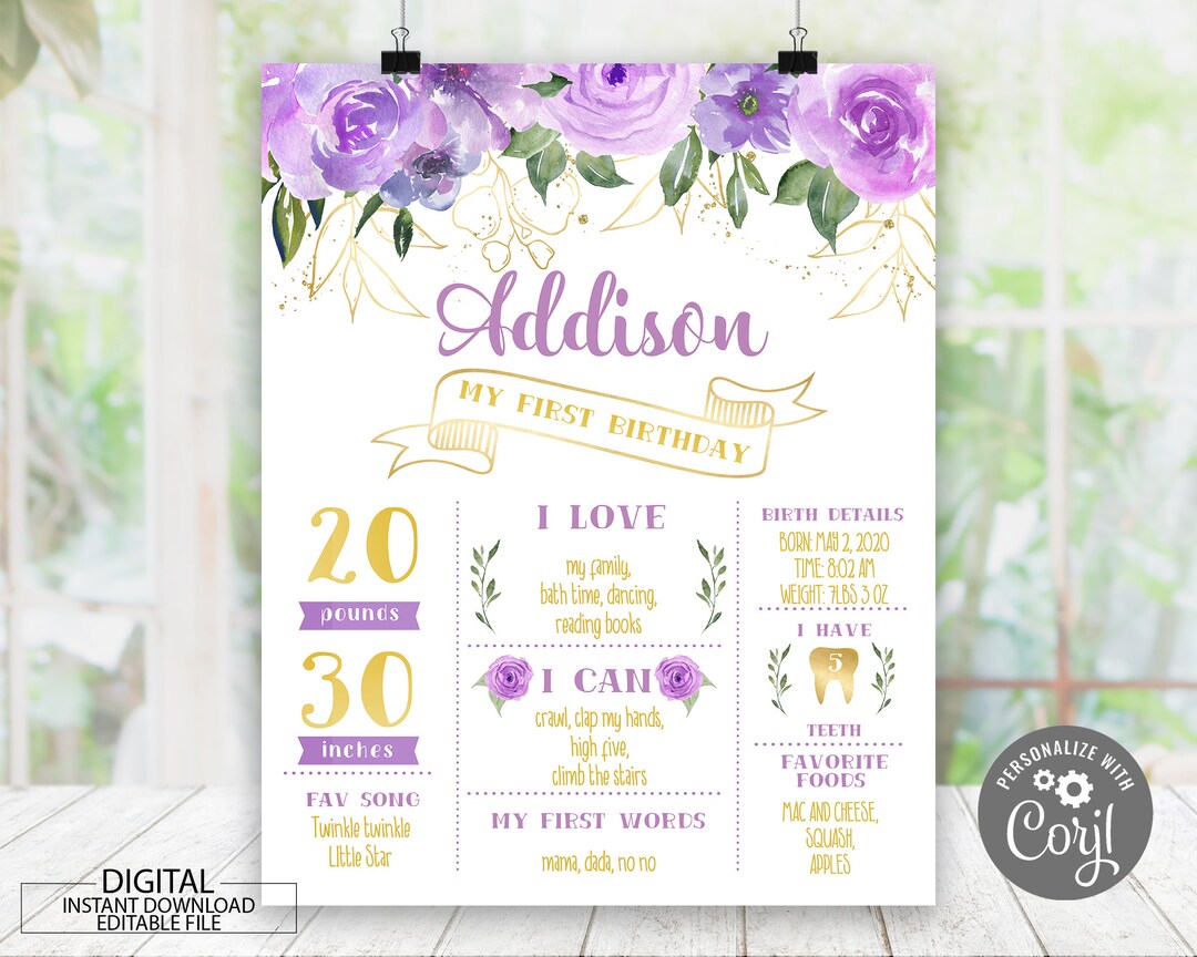 Editable Floral Purple Birthday Poster, Purple Roses Birthday Board ...