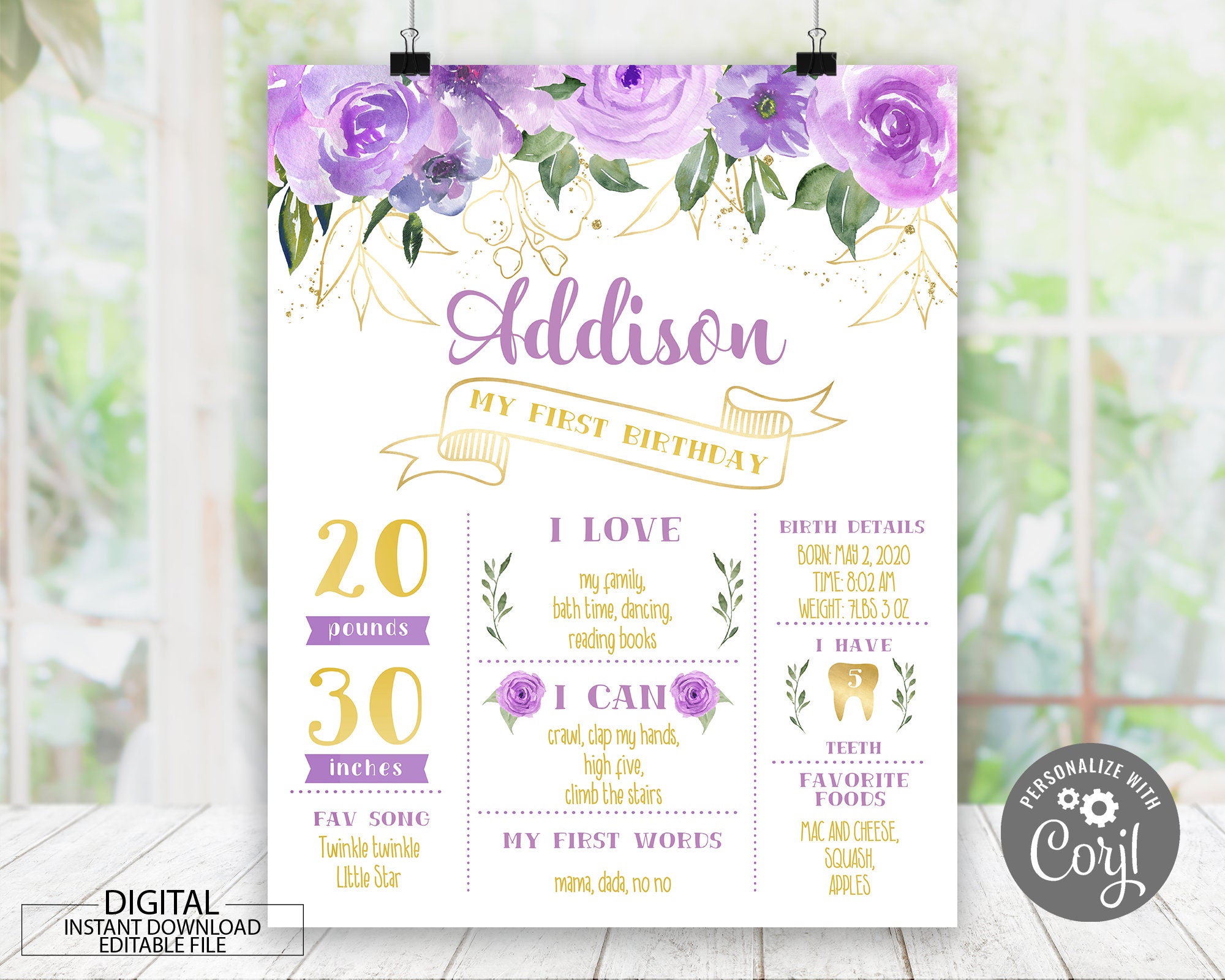 Editable Floral Purple Birthday Poster, Purple Roses Birthday Board ...