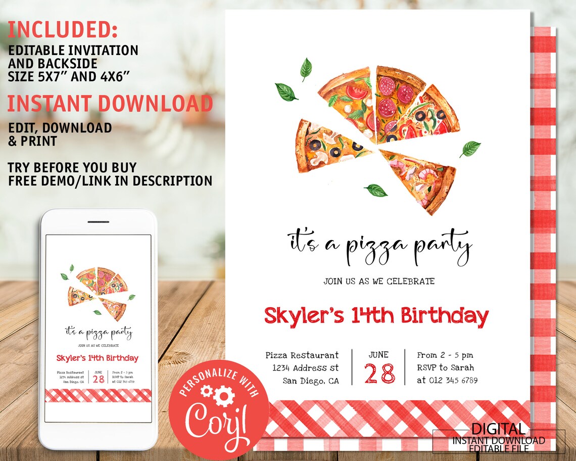 Editable Pizza Birthday Invitation Digital Pizza Party Invite | Etsy