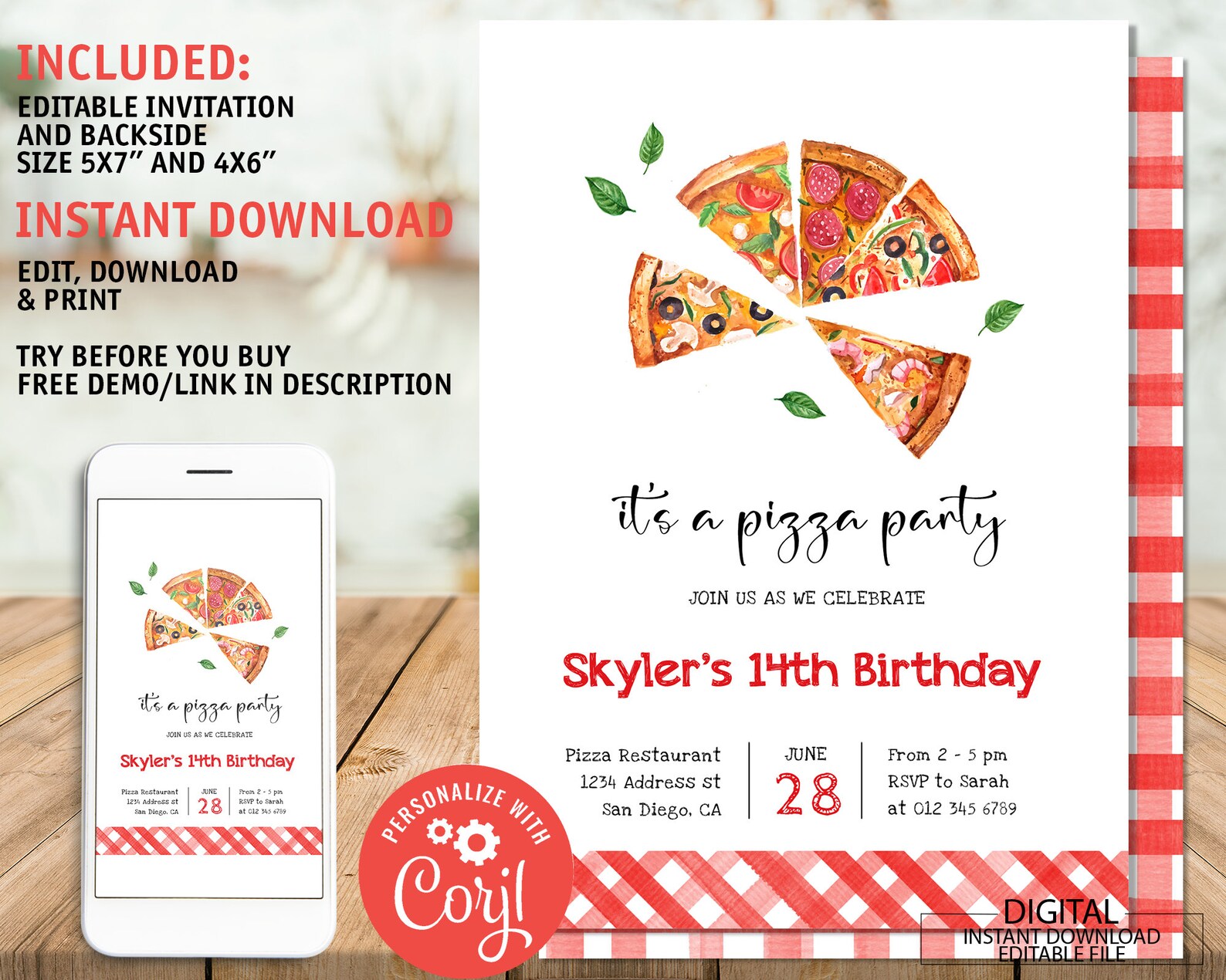Editable Pizza Birthday Invitation Digital Pizza Party Invite | Etsy