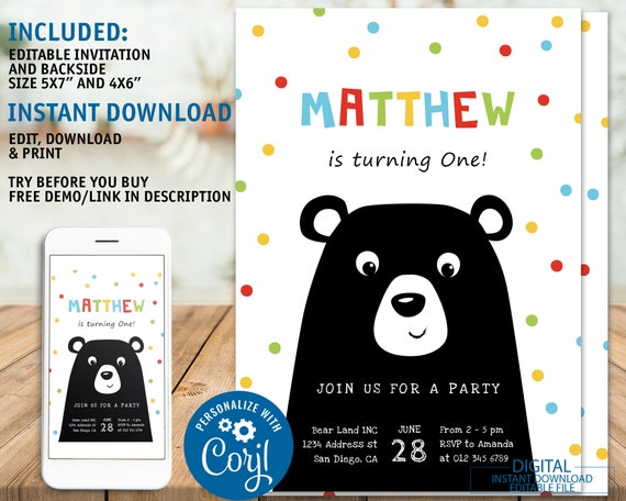 Editable Bear Birthday Invitation Printable Bear 2nd Party | Etsy