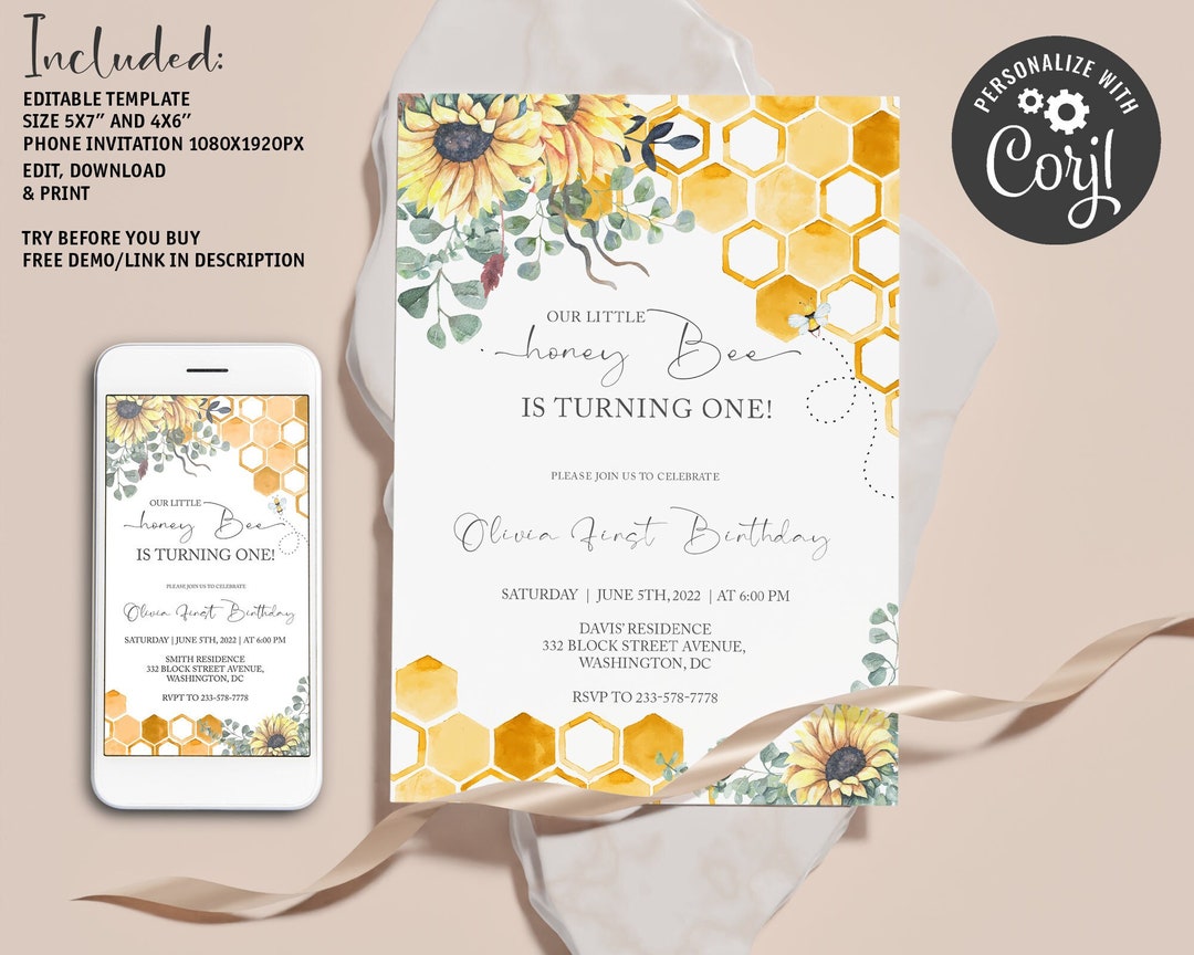 Editable Bee Birthday Invitation, Bumble Bee Theme Birthday Invite ...