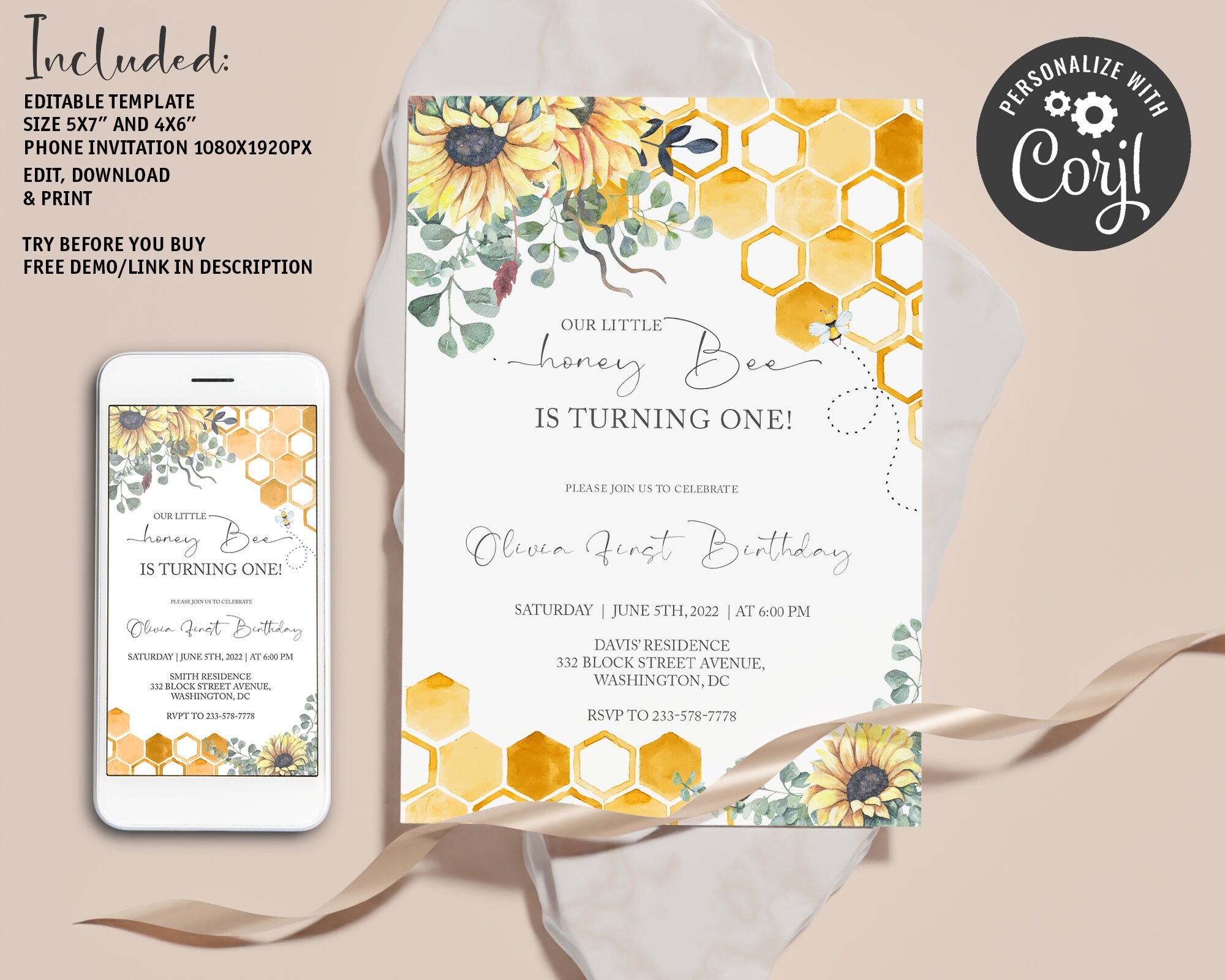 Editable Bee Birthday Invitation, Bumble Bee Theme Birthday Invite ...