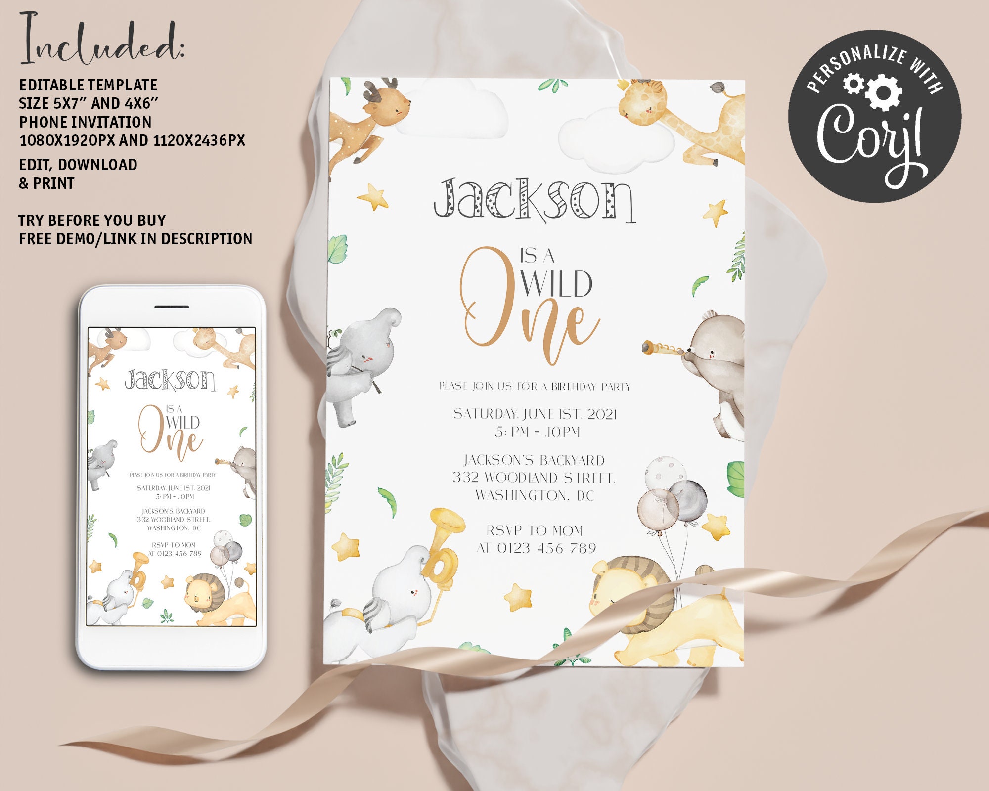 Editable Safari First Birthday Invitation Safari 1st Birthday - Etsy