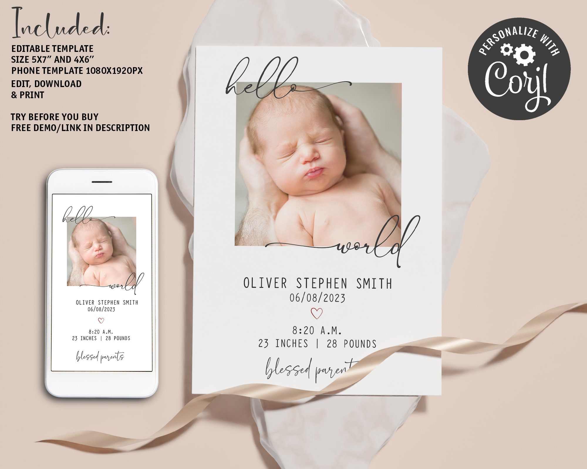 Editable Birth Announcement Template, Minimalist Newborn Birth ...