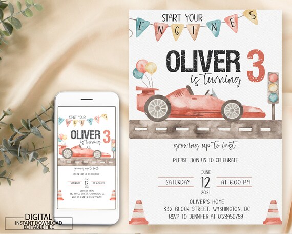 Editable Red Car Race Birthday Invitation Printable 3rd - Etsy