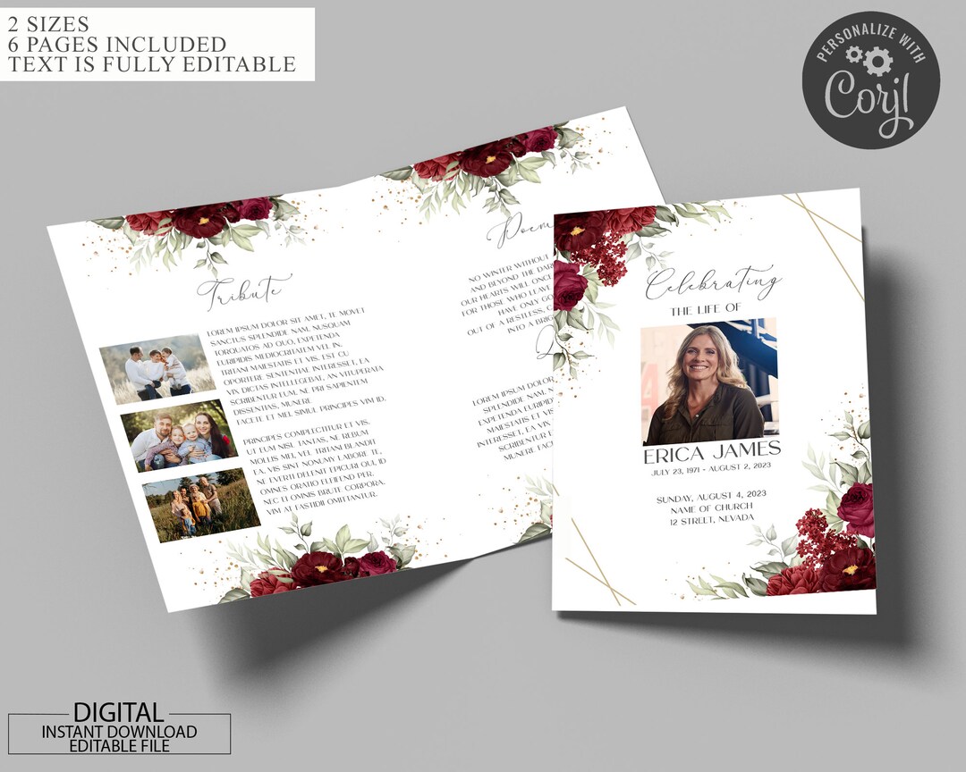 Funeral Program Template, Red Roses and Gold Memorial Program, Red ...