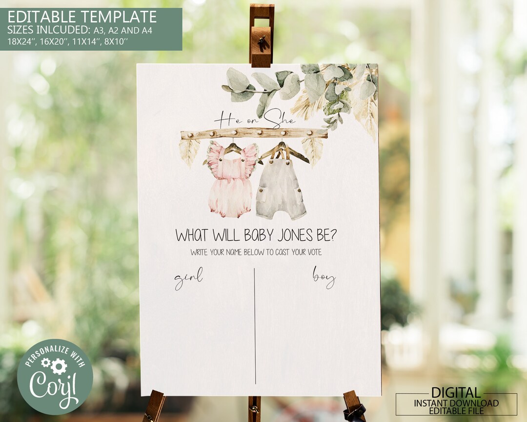 Editable Boho He or She Sign, Boy or Girl Printable Sign, What Will ...