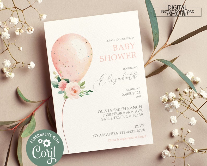 Editable Hello Baby Pink Balloon Baby Shower Invitation Rose - Etsy
