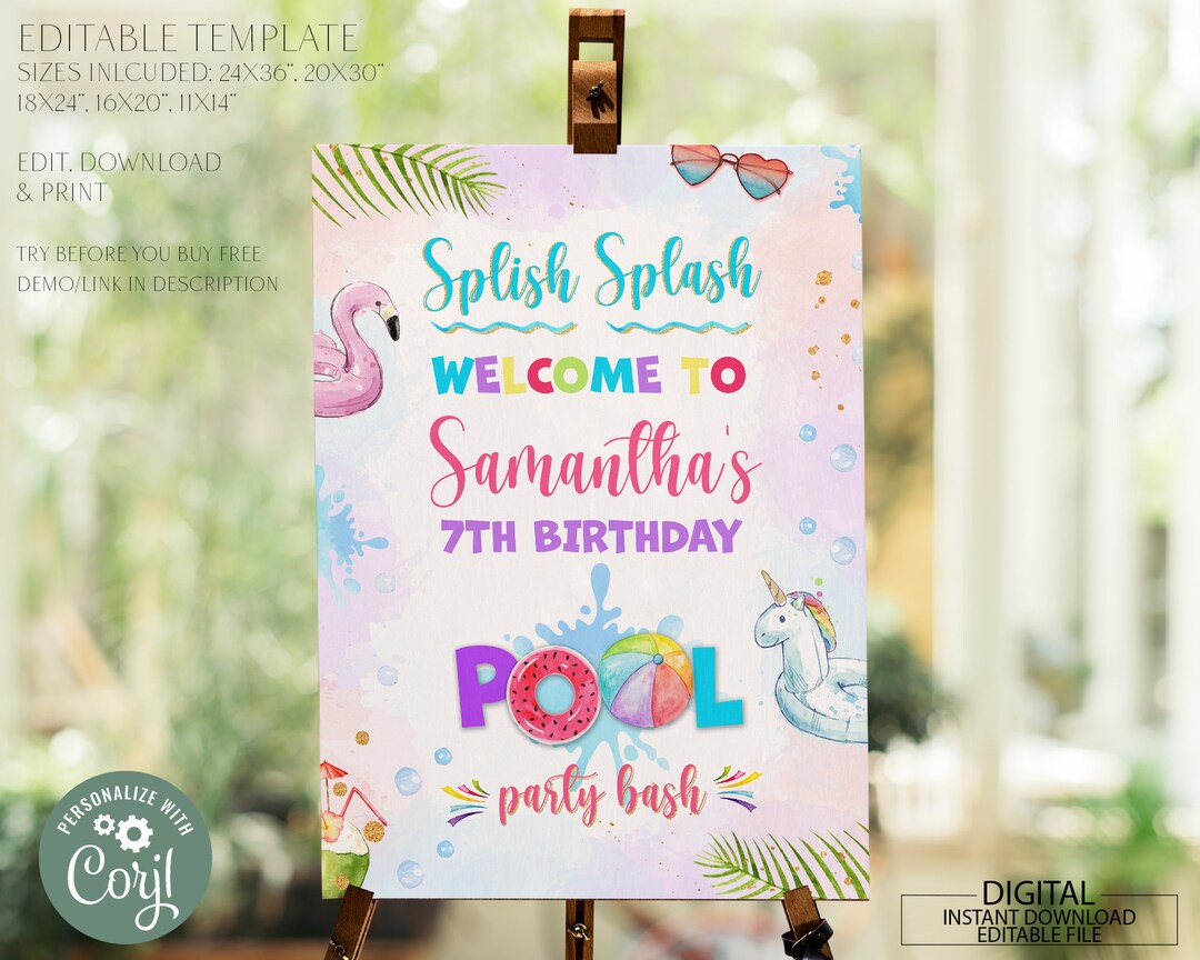 Editable Pool Party Welcome Sign Summer Party Printable Splish Splash ...