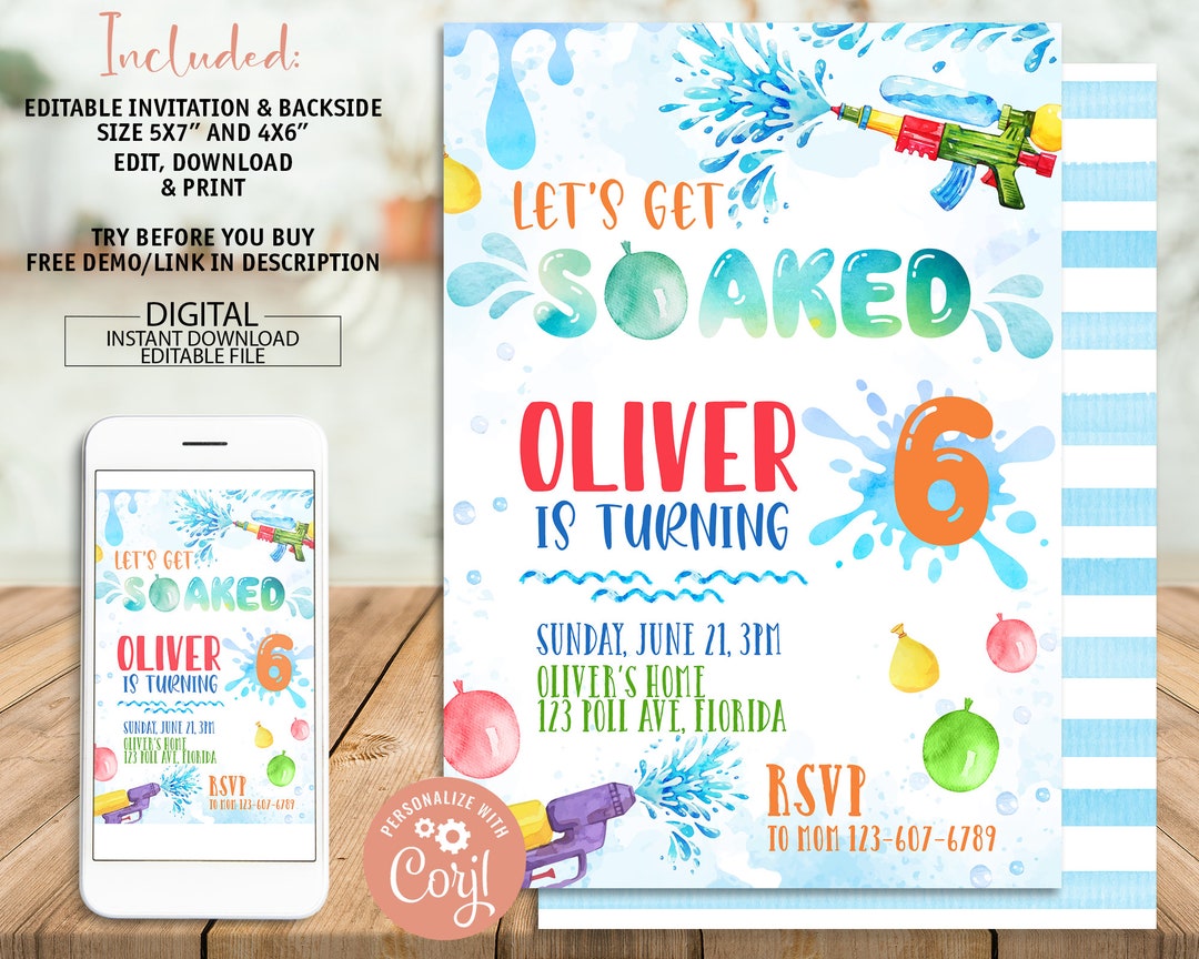 Editable Water Gun Birthday Invitation Printable Digital Water Gun ...