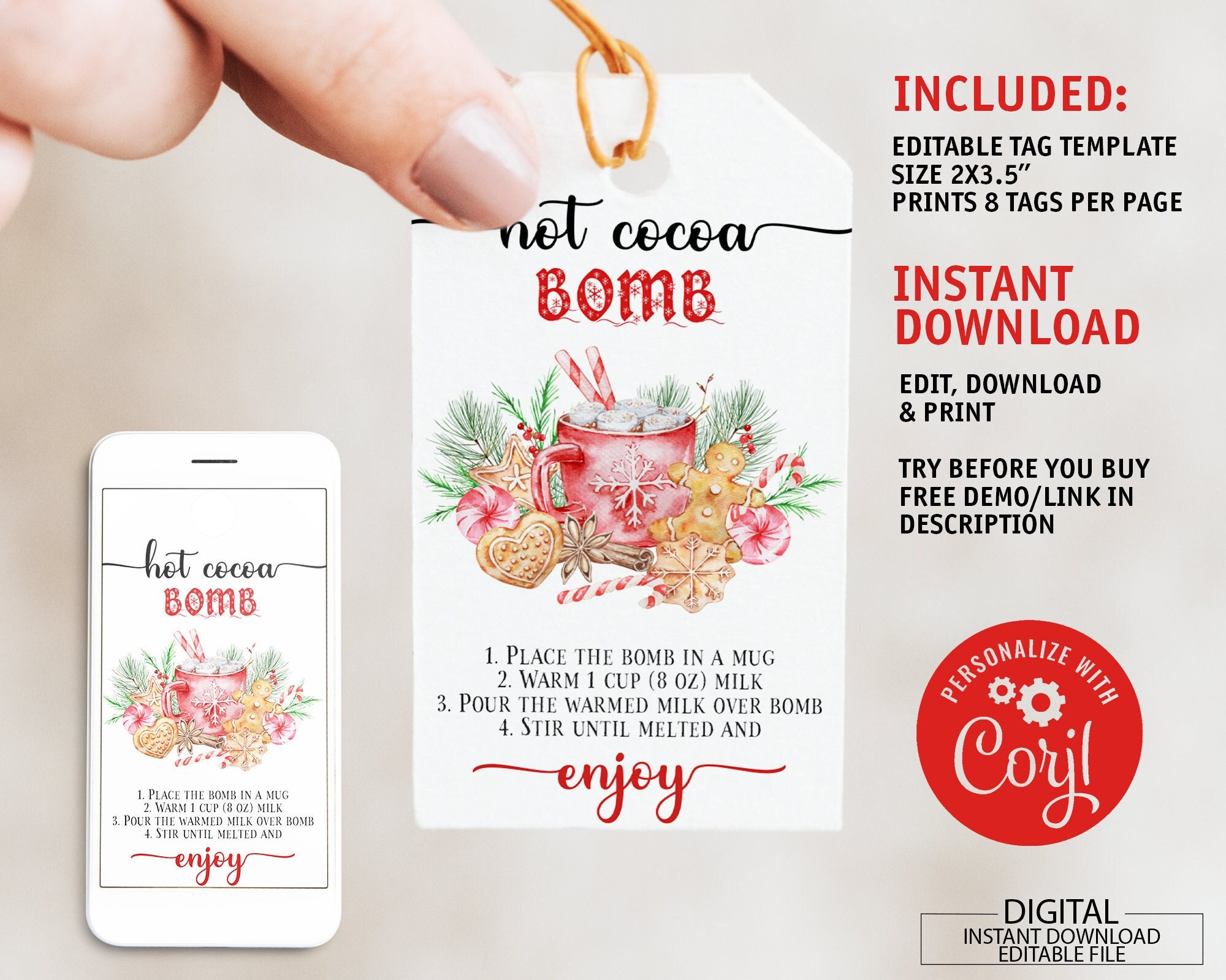 Labels Editable Hot Chocolate Bomb Tags Printable Christmas Hot Cocoa ...