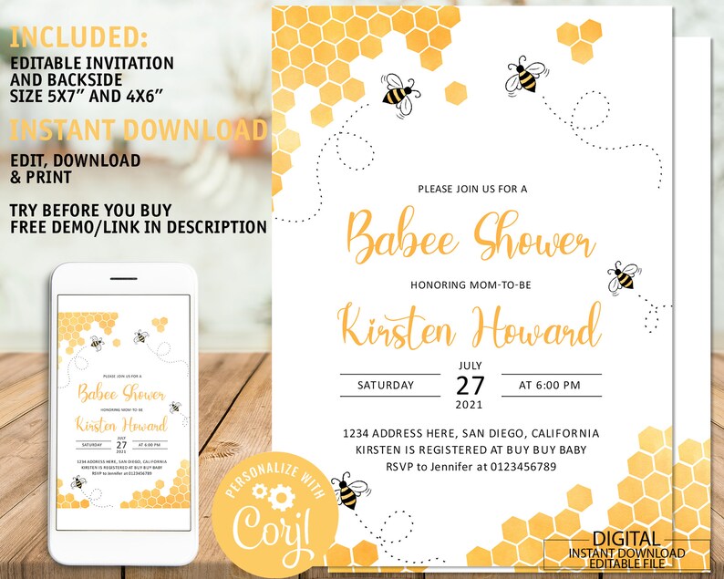 Editable Bee Baby Shower Invitation Digital Honeycomb Baby | Etsy