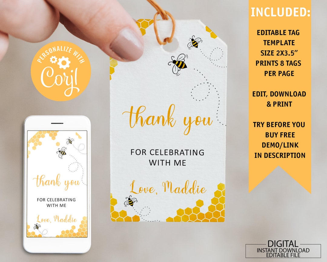 Editable Bee Thank You Tags Printable Baby Shower Tag Birthday Tags ...