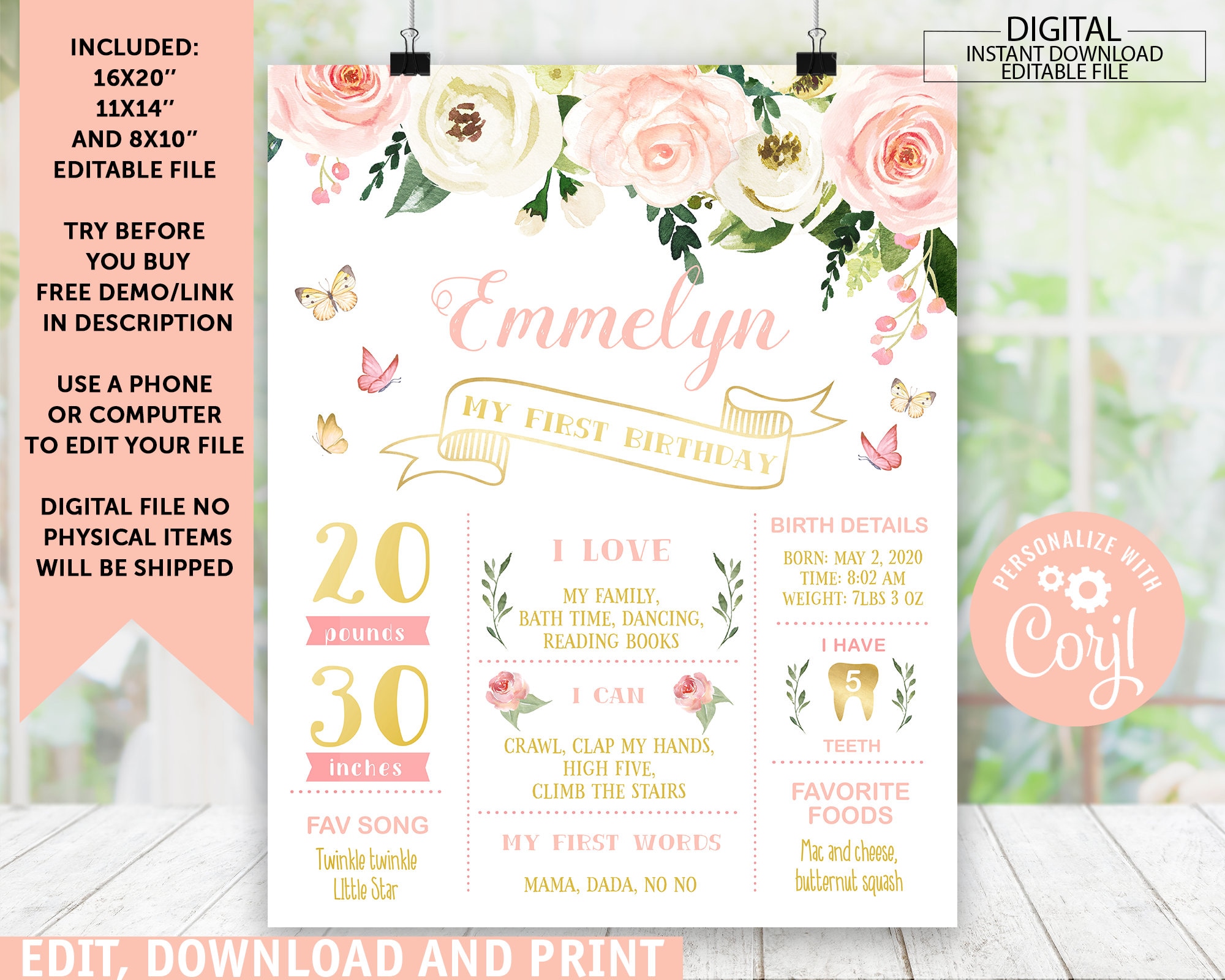 Editable Floral Blush Pink Birthday Poster Birthday Board Girl Poster ...