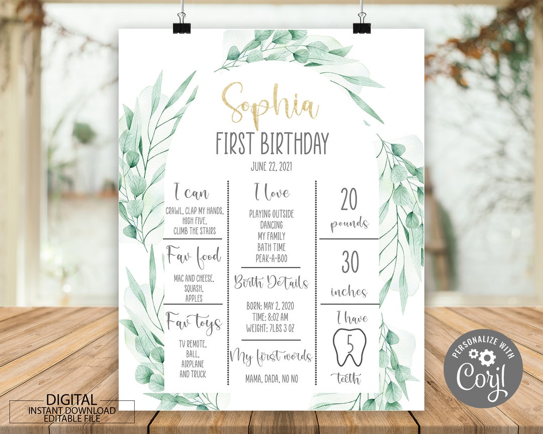Editable Eucalyptus Poster Printable, Greenery Party Milestone Sign ...