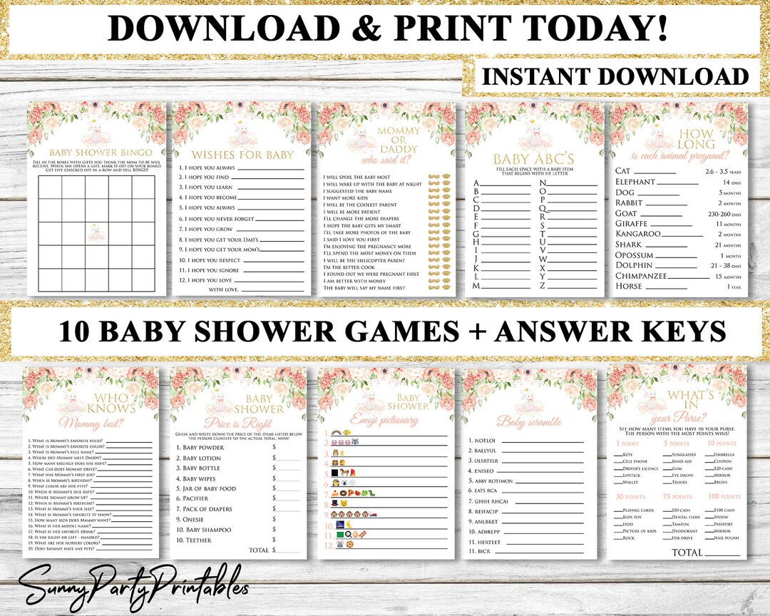 Floral Baby Shower Games Bundle, Girl Pink Floral Baby Shower Games ...